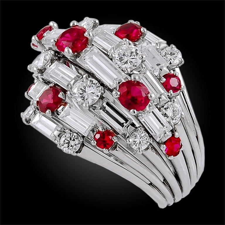 Van Cleef and Arpels Platinum Diamond, Ruby Dome Ring For Sale at 1stDibs