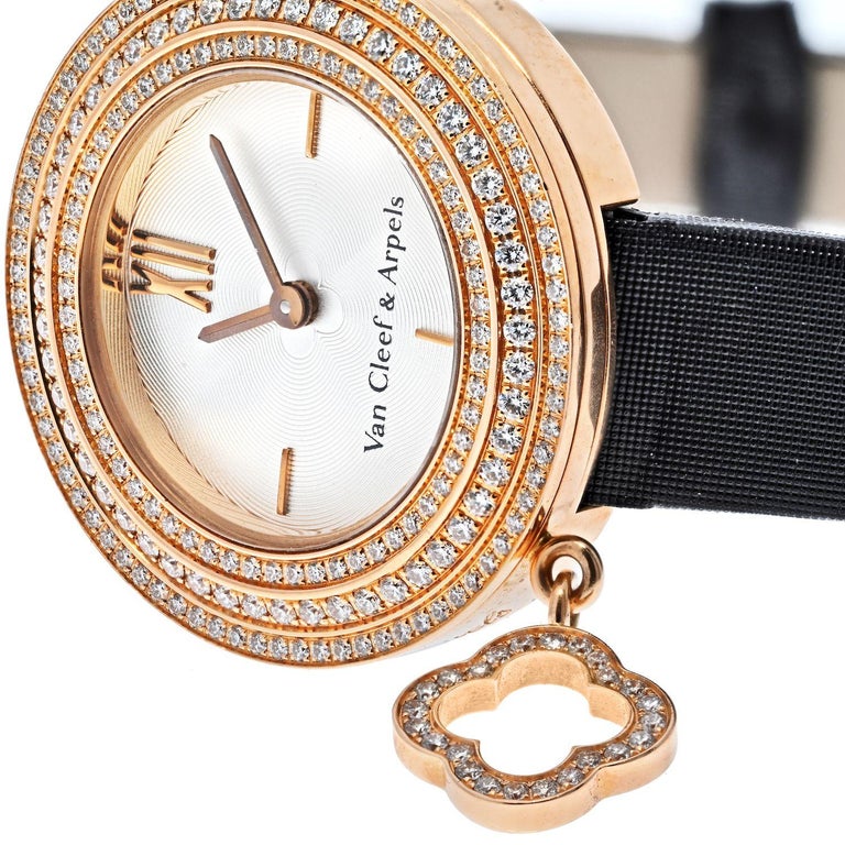 Van Cleef and Arpels Rose Gold Diamond Charm Alhambra Round Dial Ladies ...