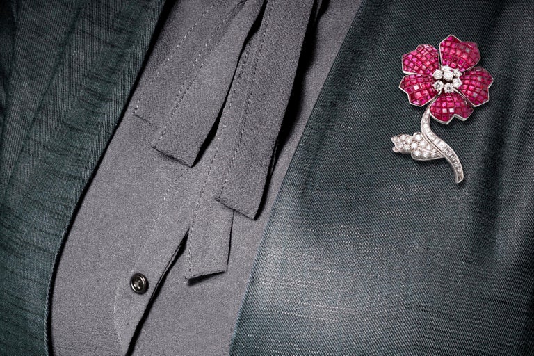 Van Cleef and Arpels Invisible-set Ruby and Diamond Flower Brooch For ...