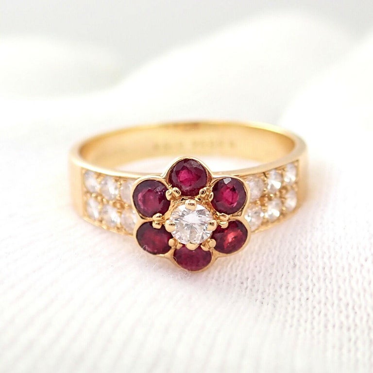 Van Cleef and Arpels Ruby Diamond Gold Fleurette Flower Ring For Sale ...