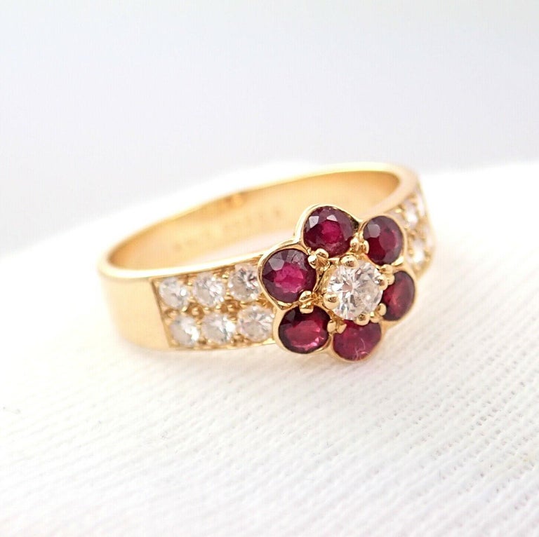 Van Cleef and Arpels Ruby Diamond Gold Fleurette Flower Ring For Sale ...