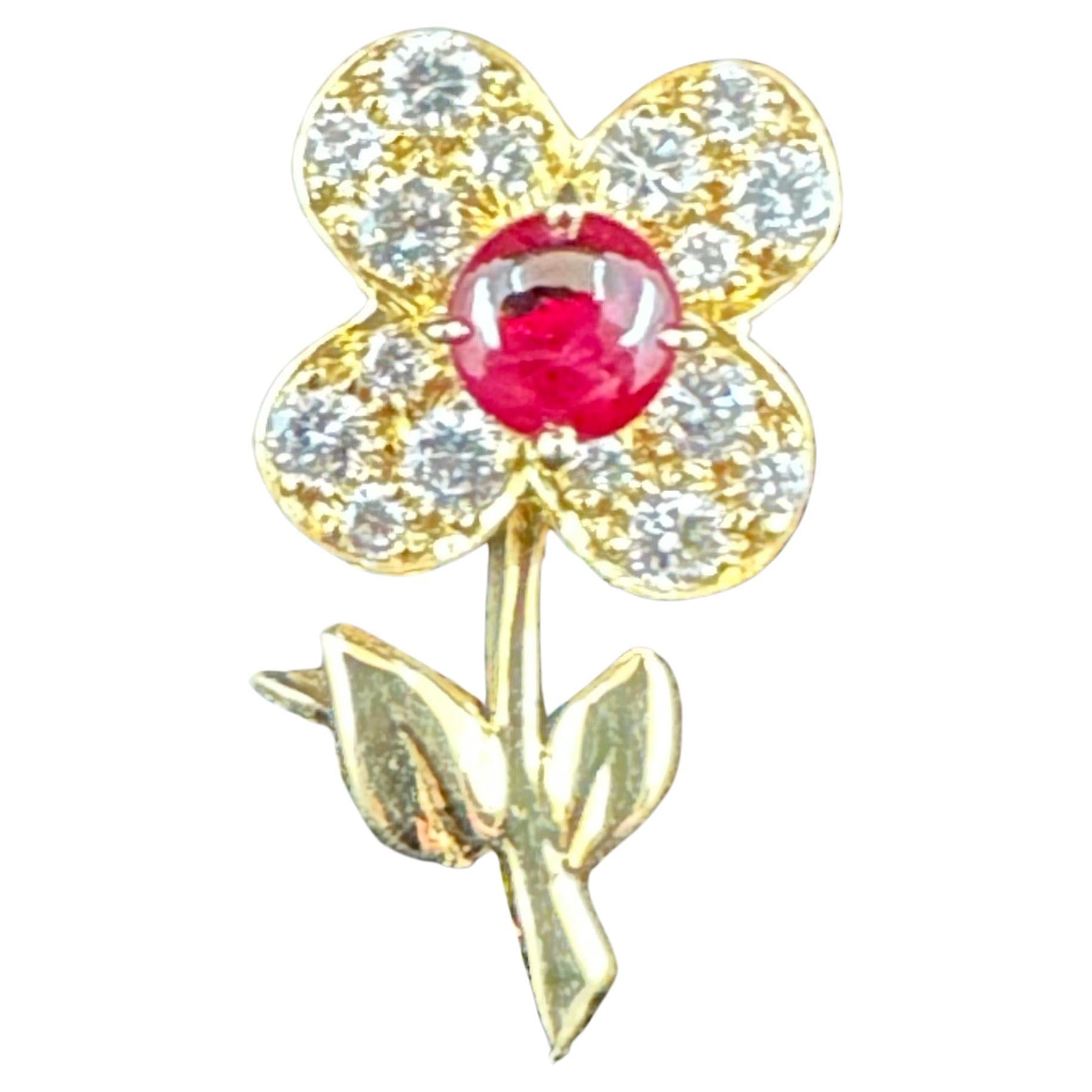 Van Cleef and Arpels Ruby Diamond Pin 18k Yellow Gold For Sale at 1stDibs
