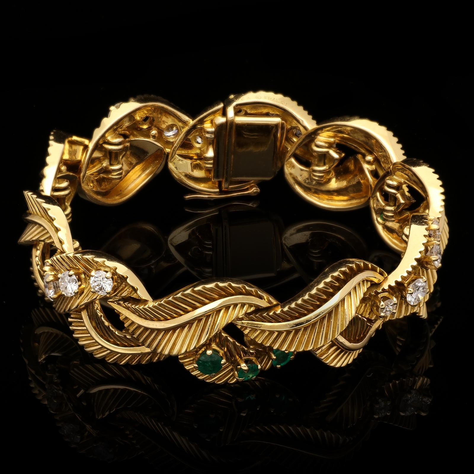 Van Cleef and Arpels Textured Gold Stylised Leaf Bracelet Emeralds And ...