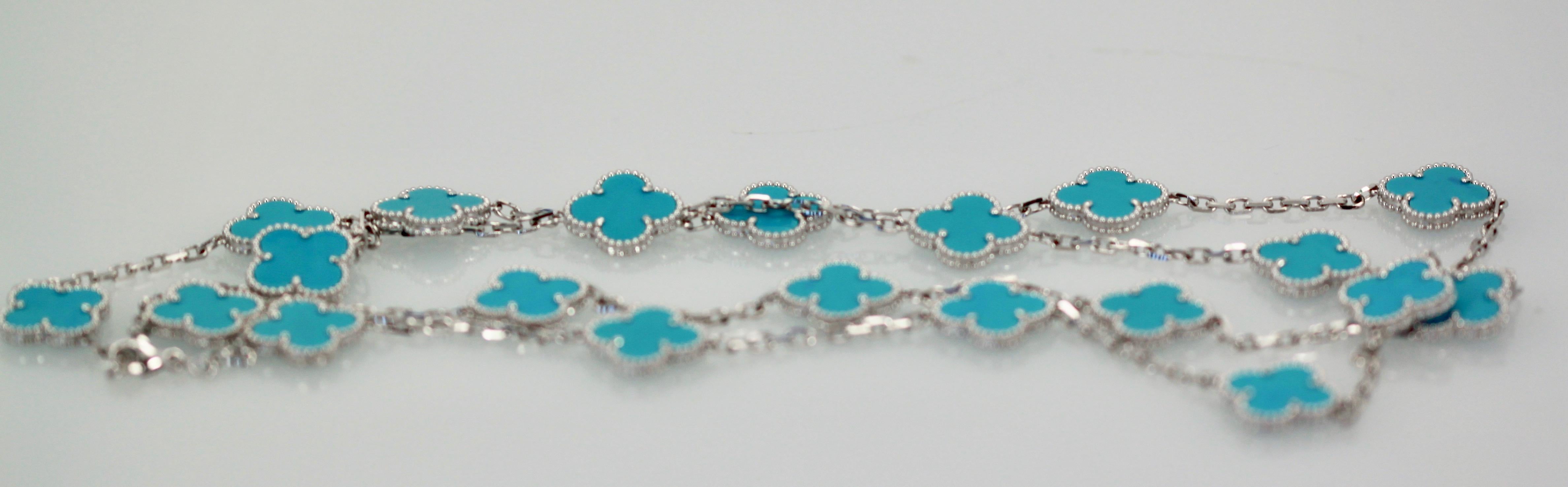 Van Cleef and Arpels Turquoise 20 Motif Alhambra Necklace White Gold ...