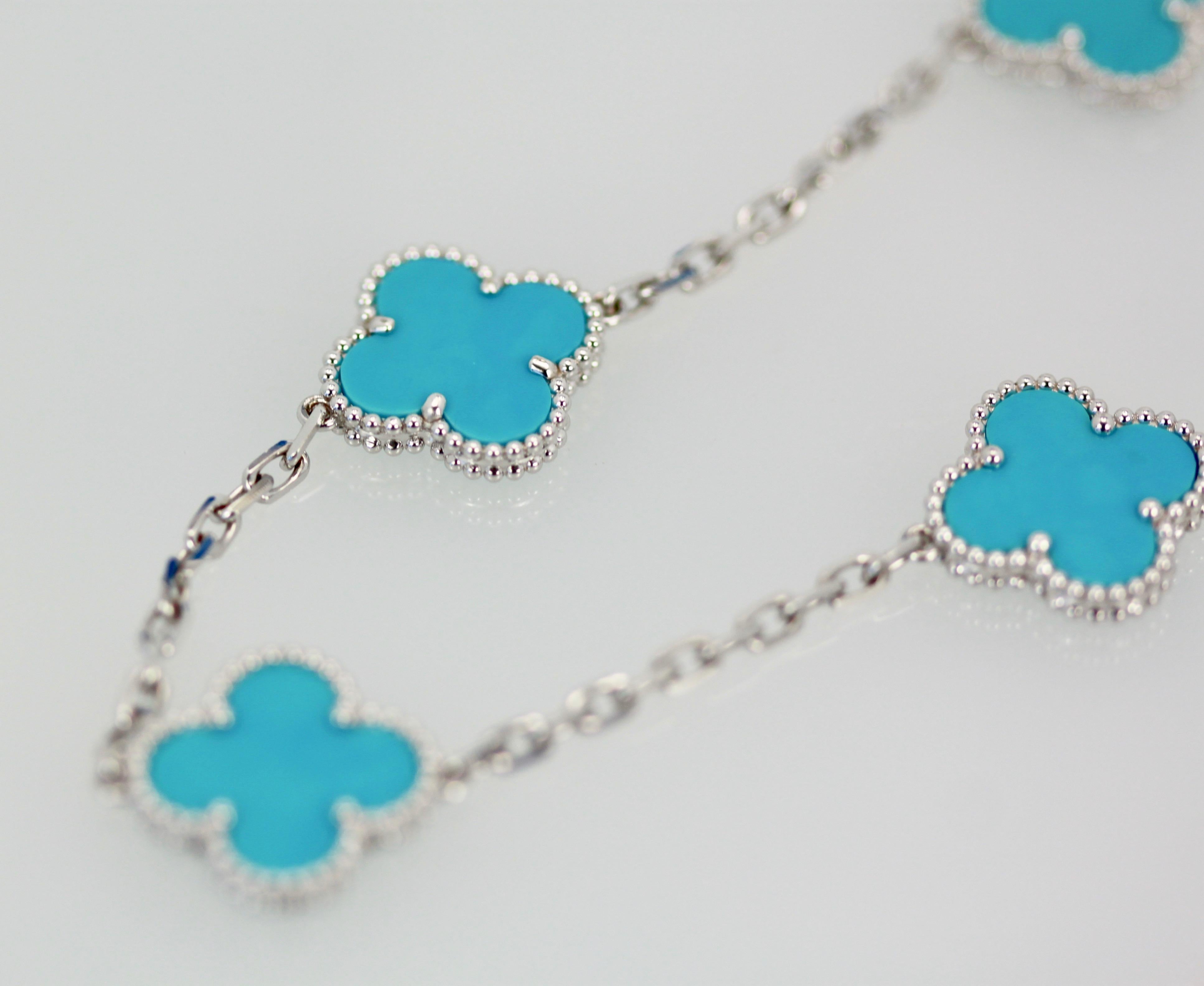 Van Cleef and Arpels Turquoise 20 Motif Alhambra Necklace White Gold ...