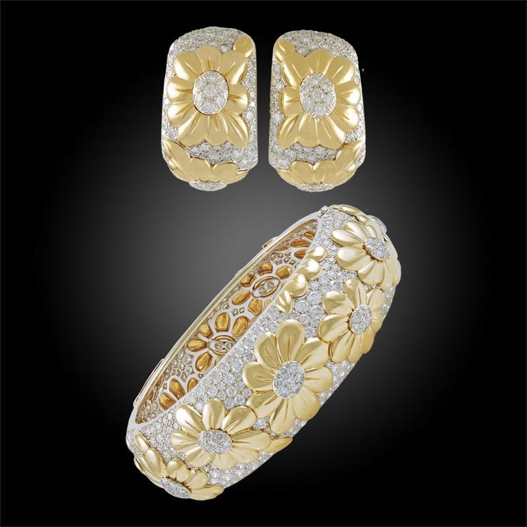 Van Cleef and Arpels Two-Tone Diamond Flower Motif Bangle and Earrings ...