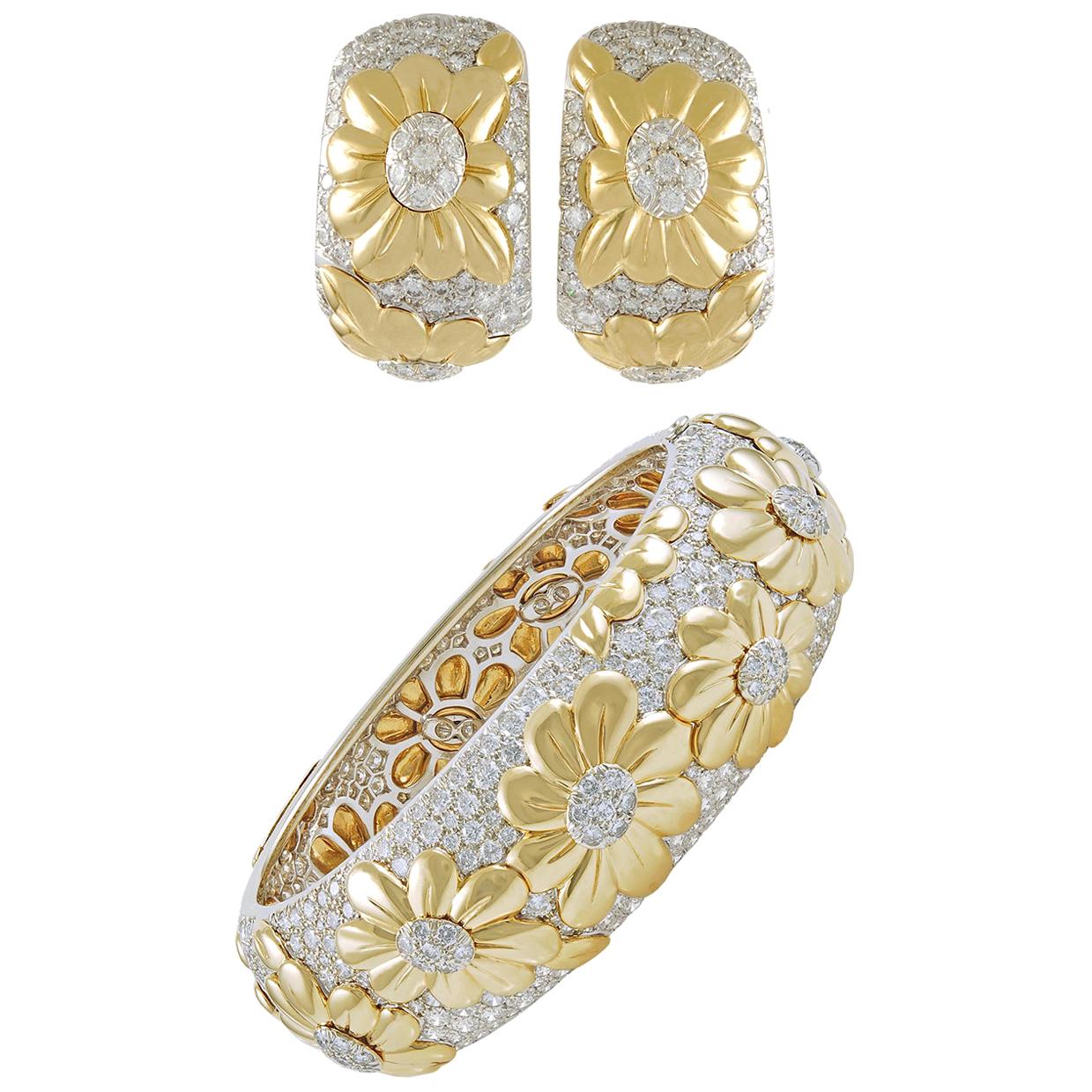 Van Cleef and Arpels Two-Tone Diamond Flower Motif Bangle and Earrings ...