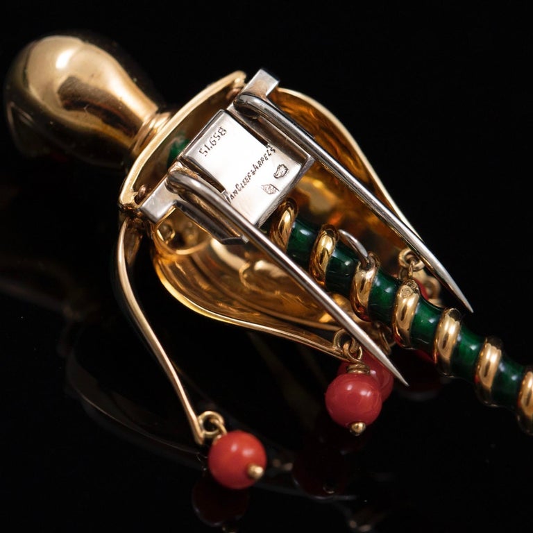 Van Cleef and Arpels VCA Jester Diamond Coral Enamel Clip Brooch Yellow ...