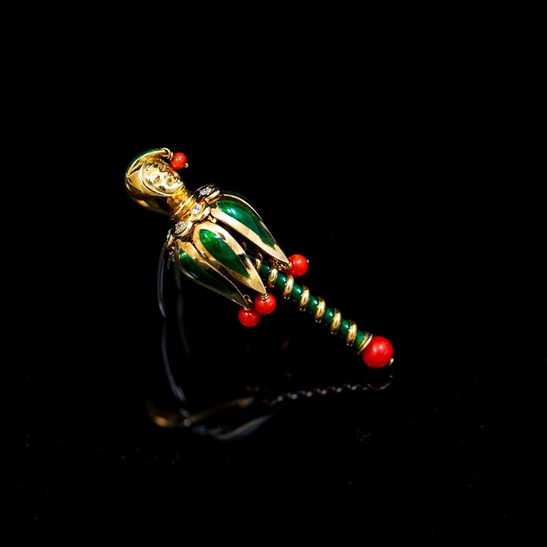 Van Cleef and Arpels VCA Jester Diamond Coral Enamel Clip Brooch Yellow ...