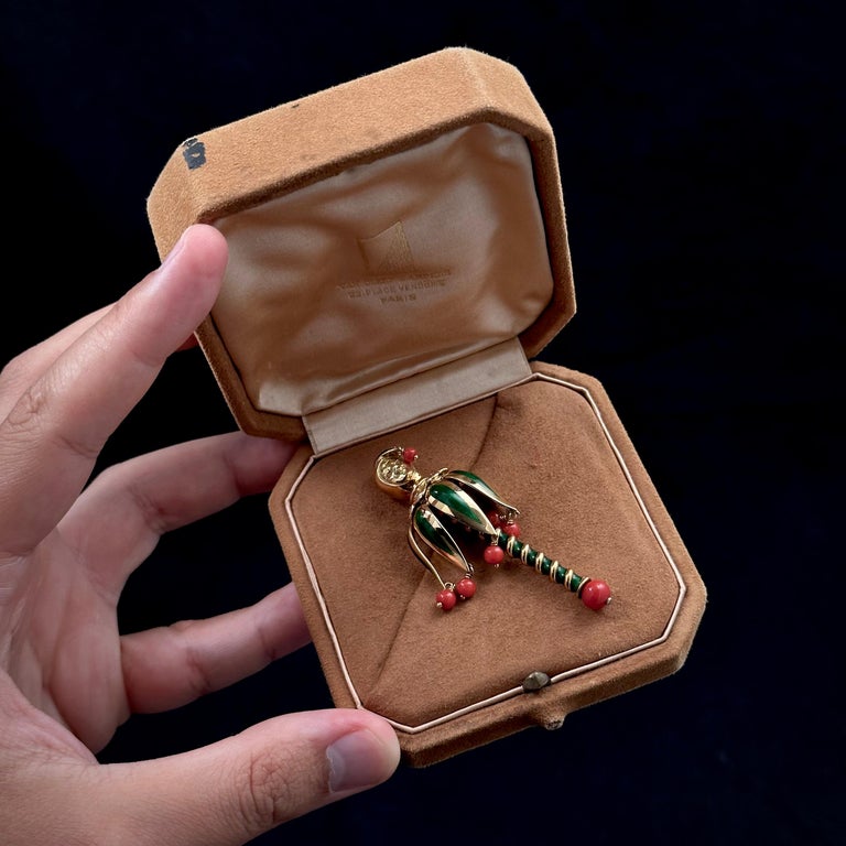 Van Cleef and Arpels VCA Jester Diamond Coral Enamel Clip Brooch Yellow ...