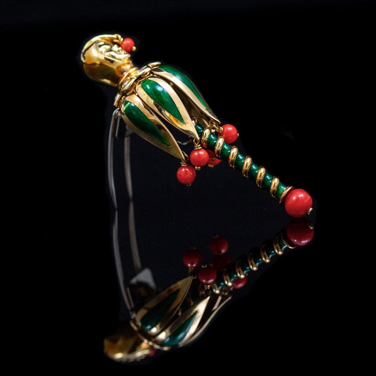 Van Cleef and Arpels VCA Jester Diamond Coral Enamel Clip Brooch Yellow ...