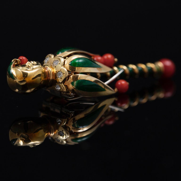 Van Cleef and Arpels VCA Jester Diamond Coral Enamel Clip Brooch Yellow ...