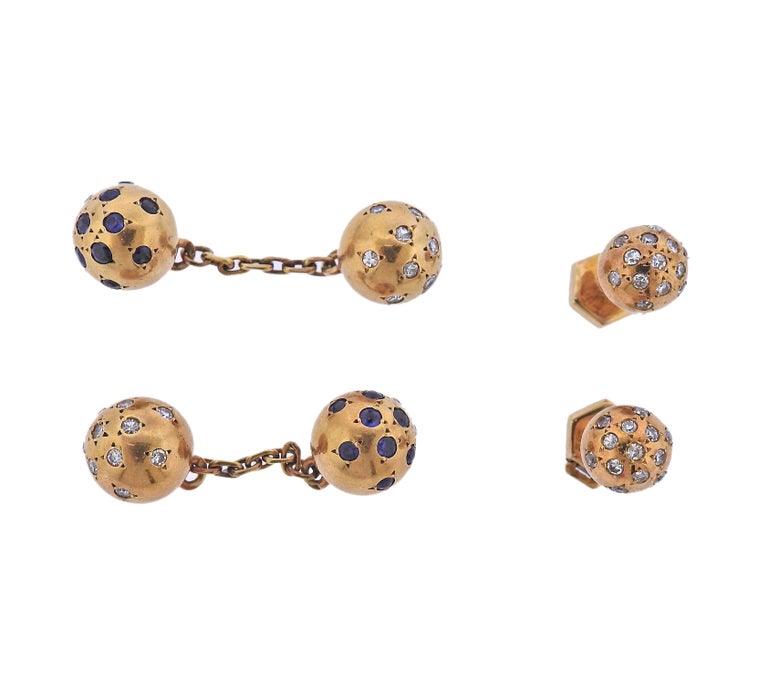 Van Cleef and Arpels VCA Sapphire Diamond Gold Cufflinks Stud Dress Set ...