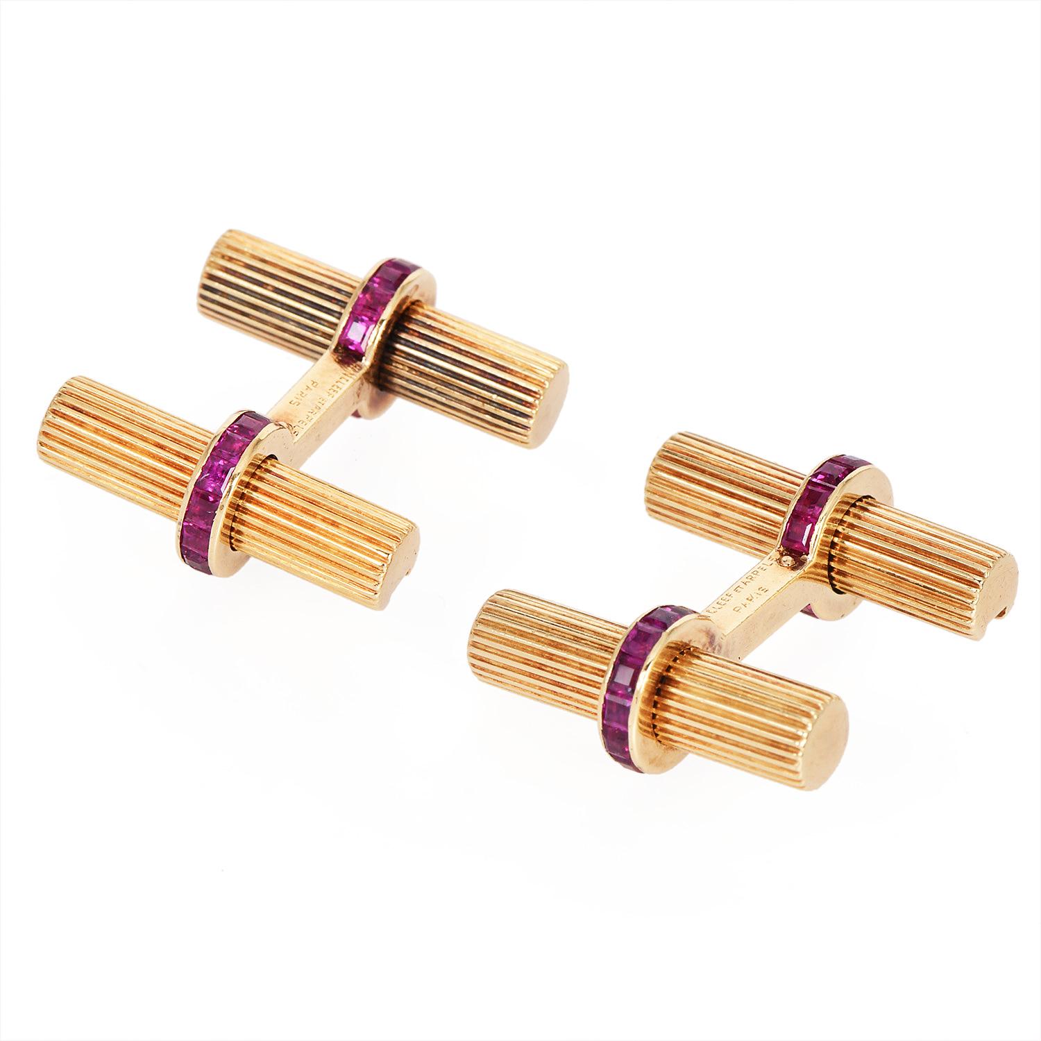 Van Cleef and Arpels Vintage 18K Gold Grooved Bar Ruby Men VCA ...