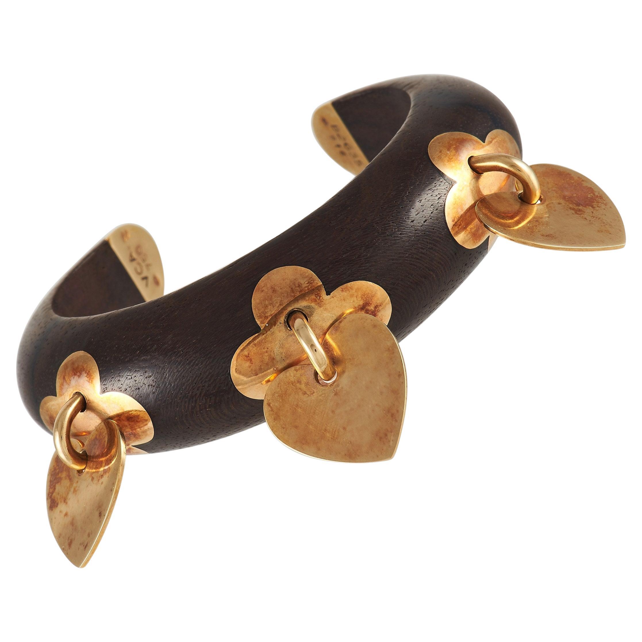 Van Cleef and Arpels Vintage 18K Yellow Gold Wood Charm Cuff Bracelet ...