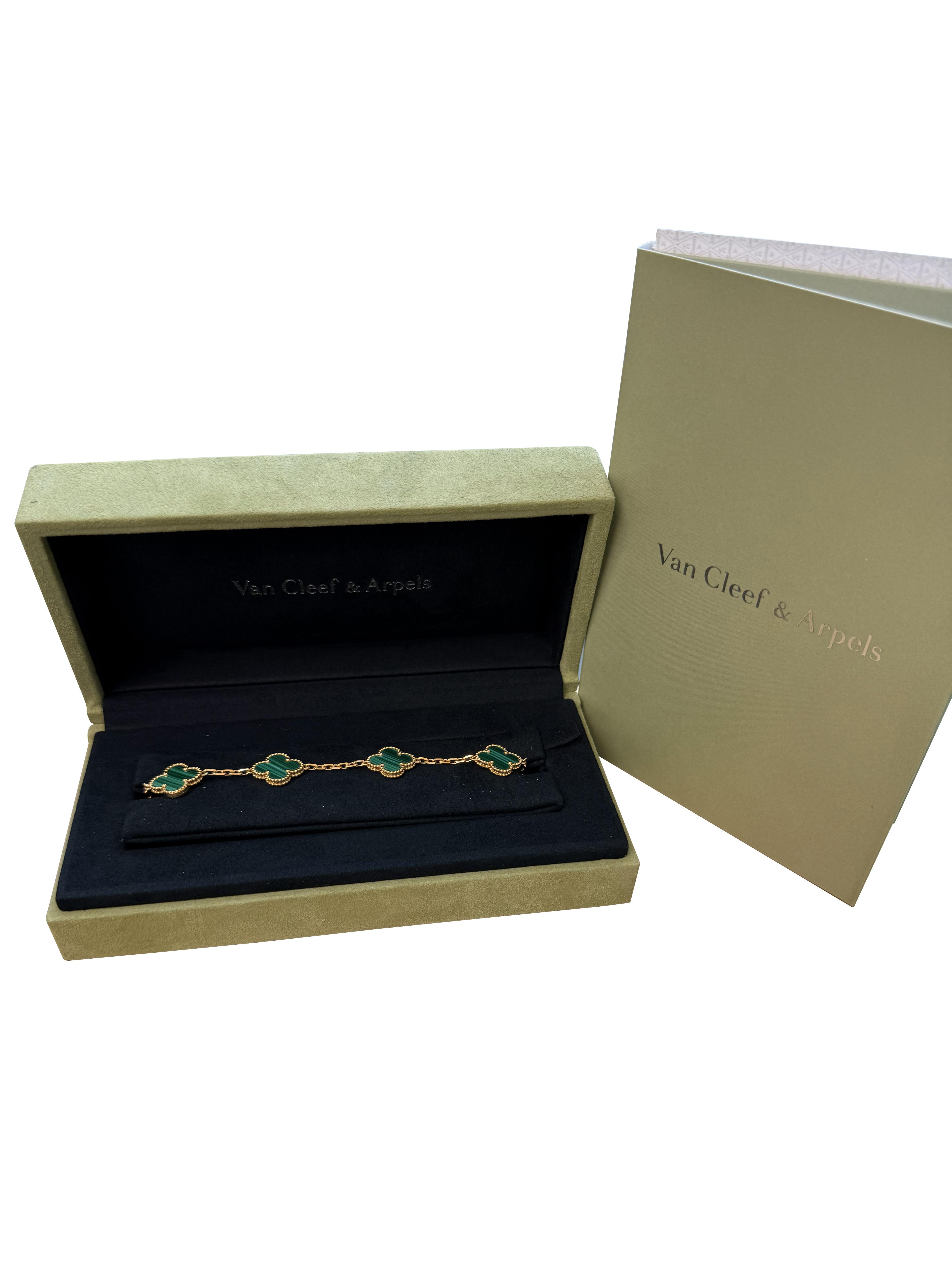 Van Cleef and Arpels Vintage Alhambra Malachite 5 Motifs Bracelet 18K ...