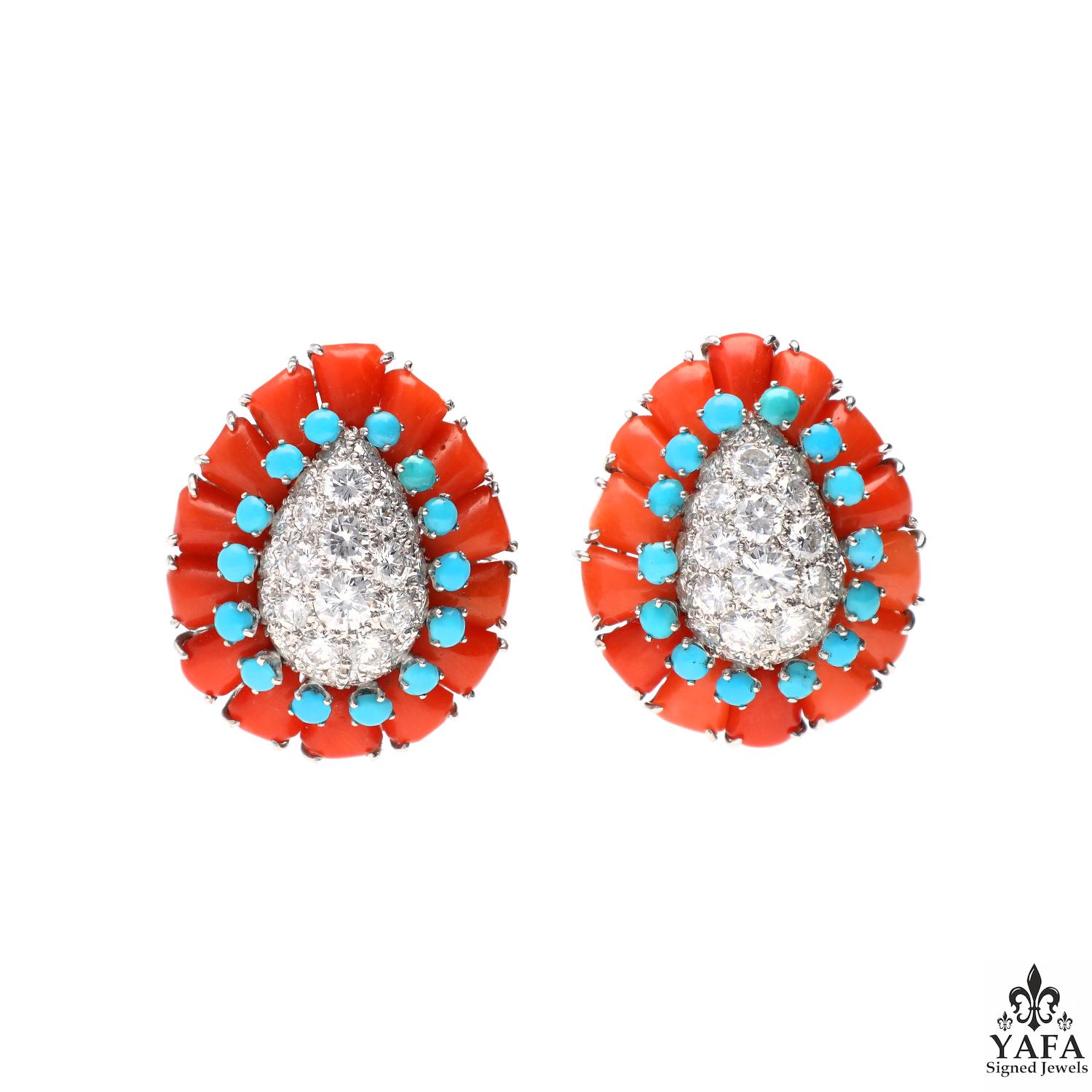 Van Cleef and Arpels Vintage Coral Diamond Turquoise Earclips For Sale ...