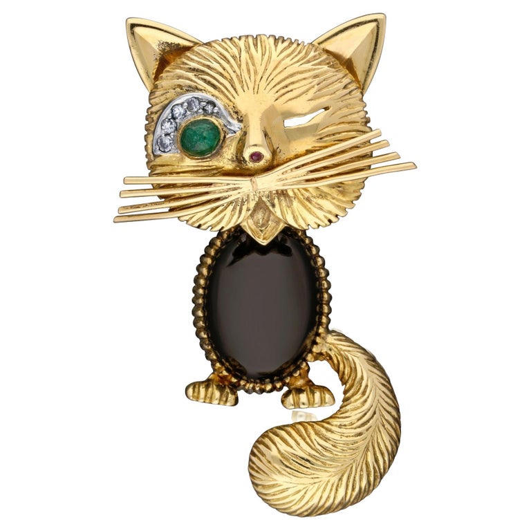 Van Cleef and Arpels Whimsical Gold and Gem Set 'Chat Malicieux' Brooch ...