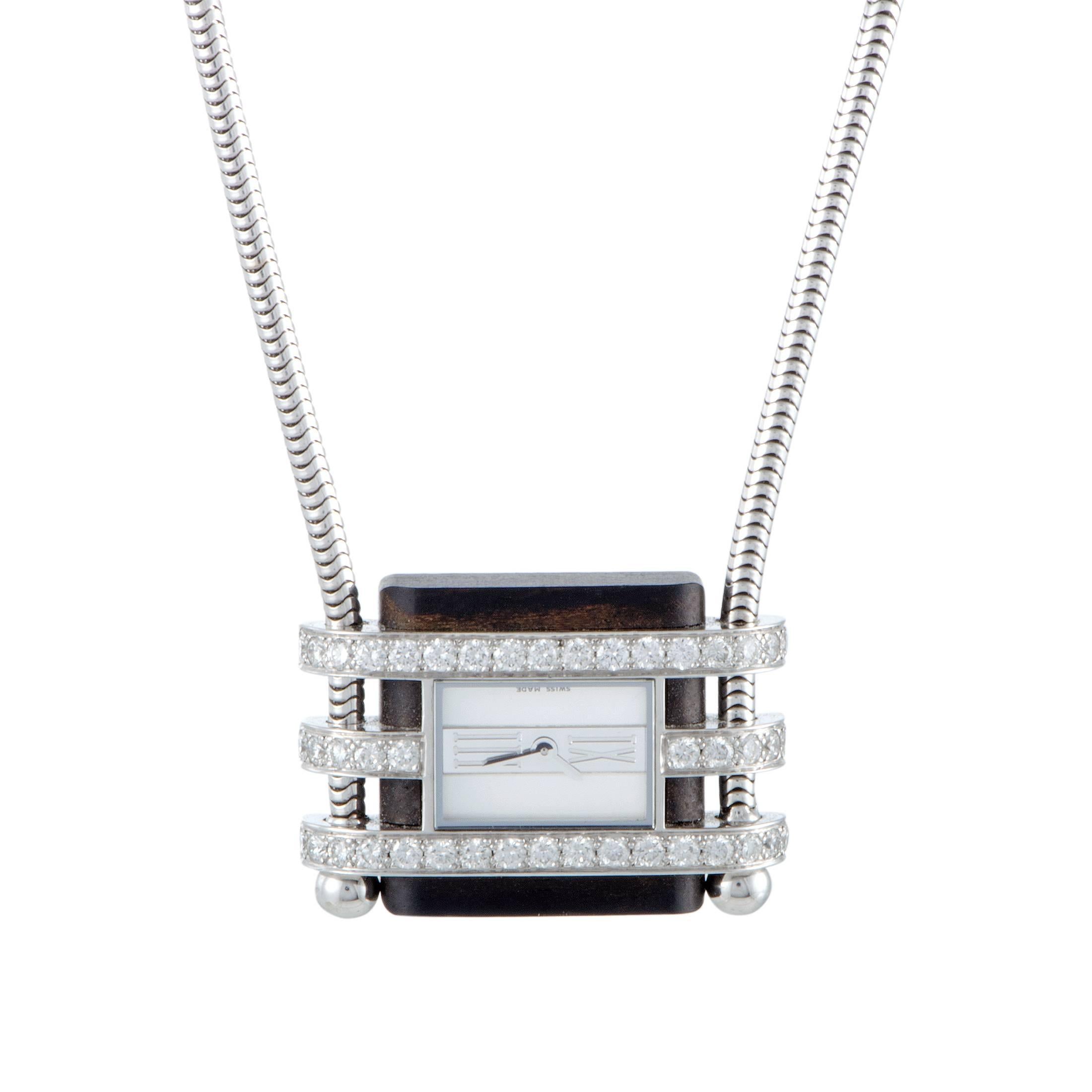Van Cleef and Arpels White Gold Diamond Quartz Pendant Watch Necklace ...