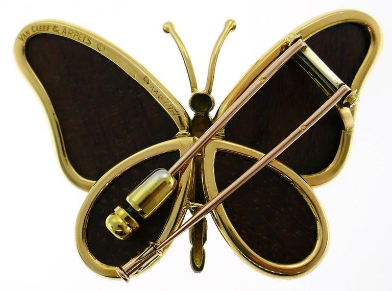 Van Cleef and Arpels Wood Gold Butterfly Pin Brooch Clip VCA For Sale ...
