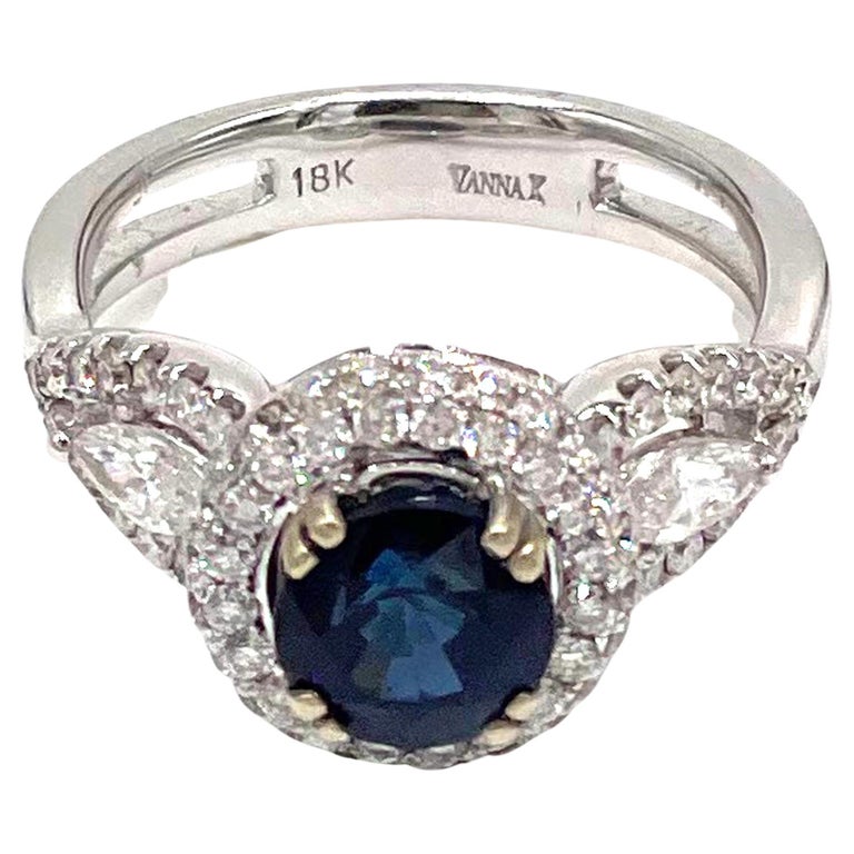 Vanna K 18K White Gold Diamond and Sapphire Halo Three Stone Ring For ...