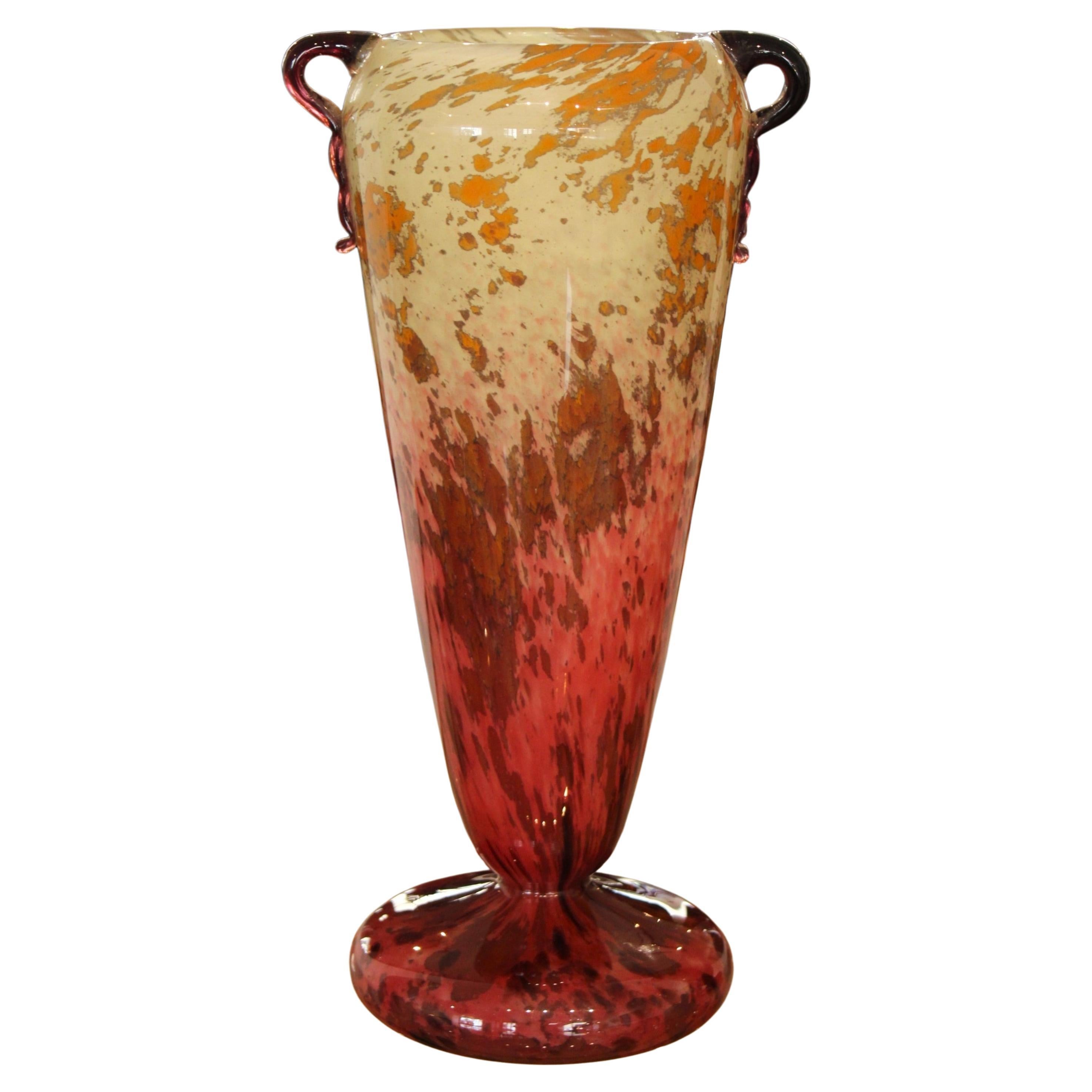 Monumental Schneider Mottled Glass Two Handled Vase Circa 1920 For Sale ...
