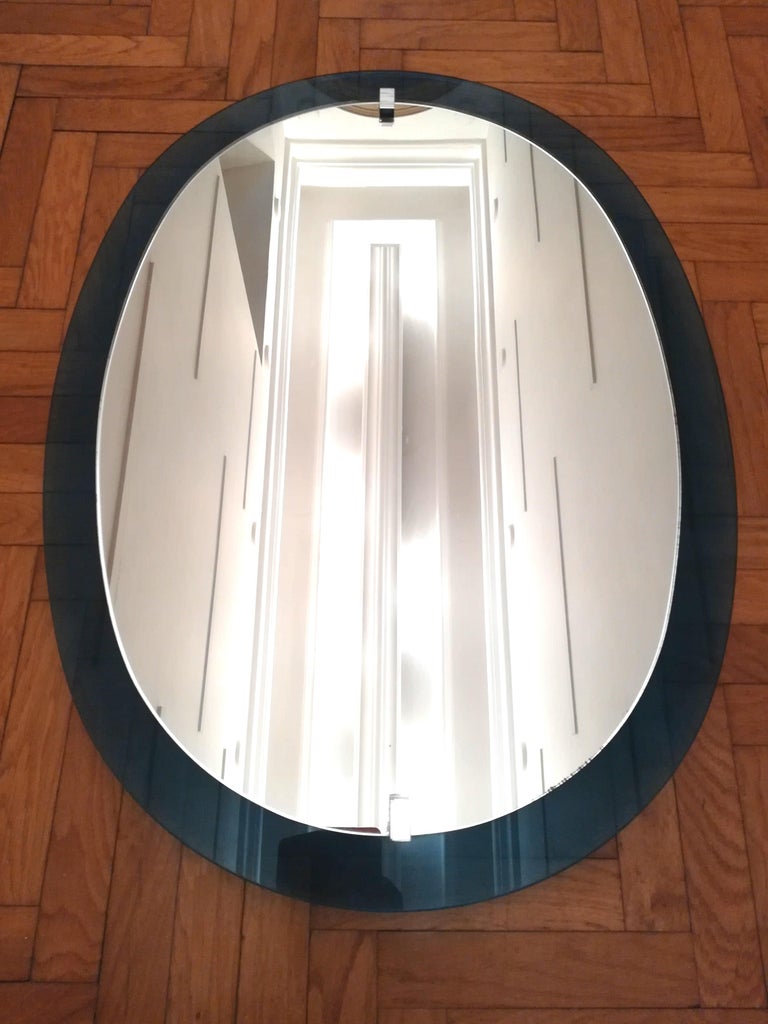 Veca Vintage Fontana Arte Style Oval Blue Glass Italian Wall Mirror ...