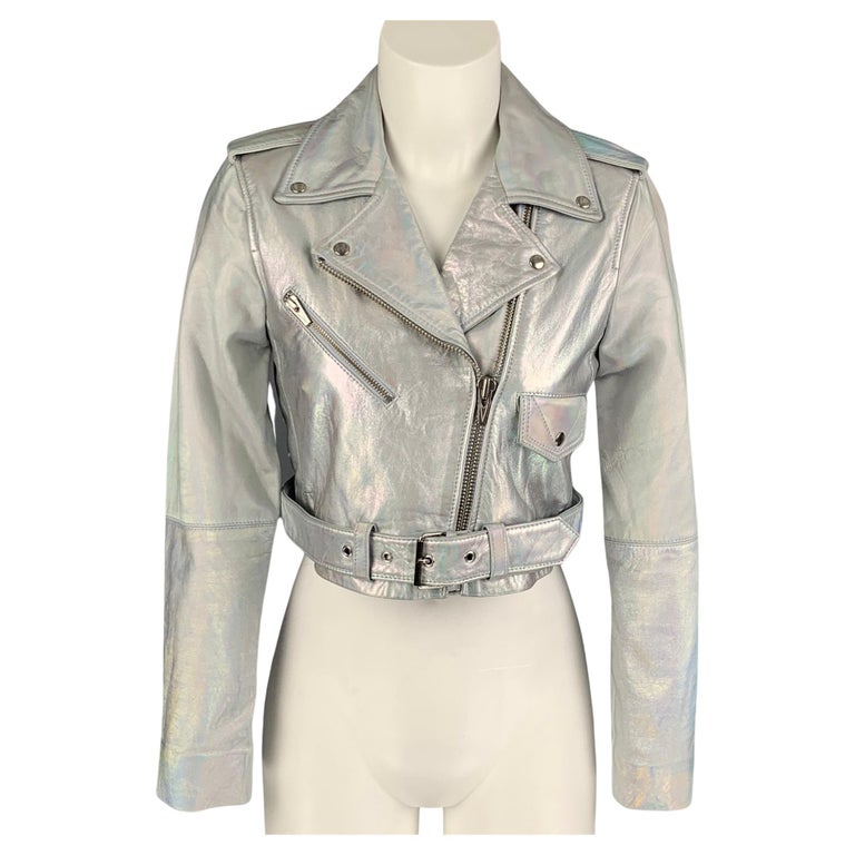VEDA Size XS Silver Iridescent Metallic Leather Biker Cropped Jacket ...