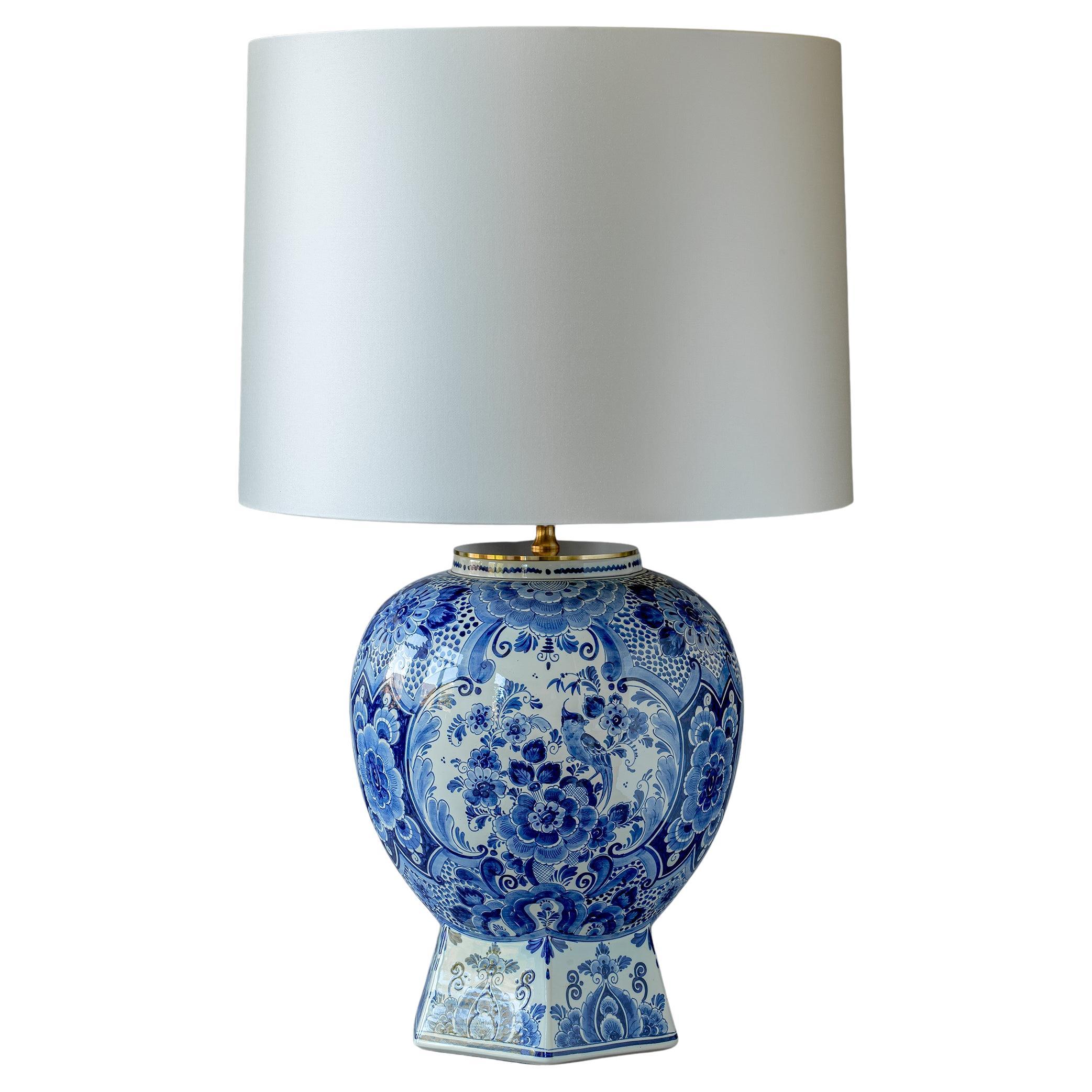Velsen Delft Blue Table Lamp (1940-1970) with New White Satin Shade For ...
