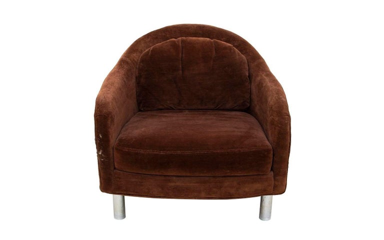Velvety Brown Barrel Chair by Selig With Cylindrical Legs For Sale at ...