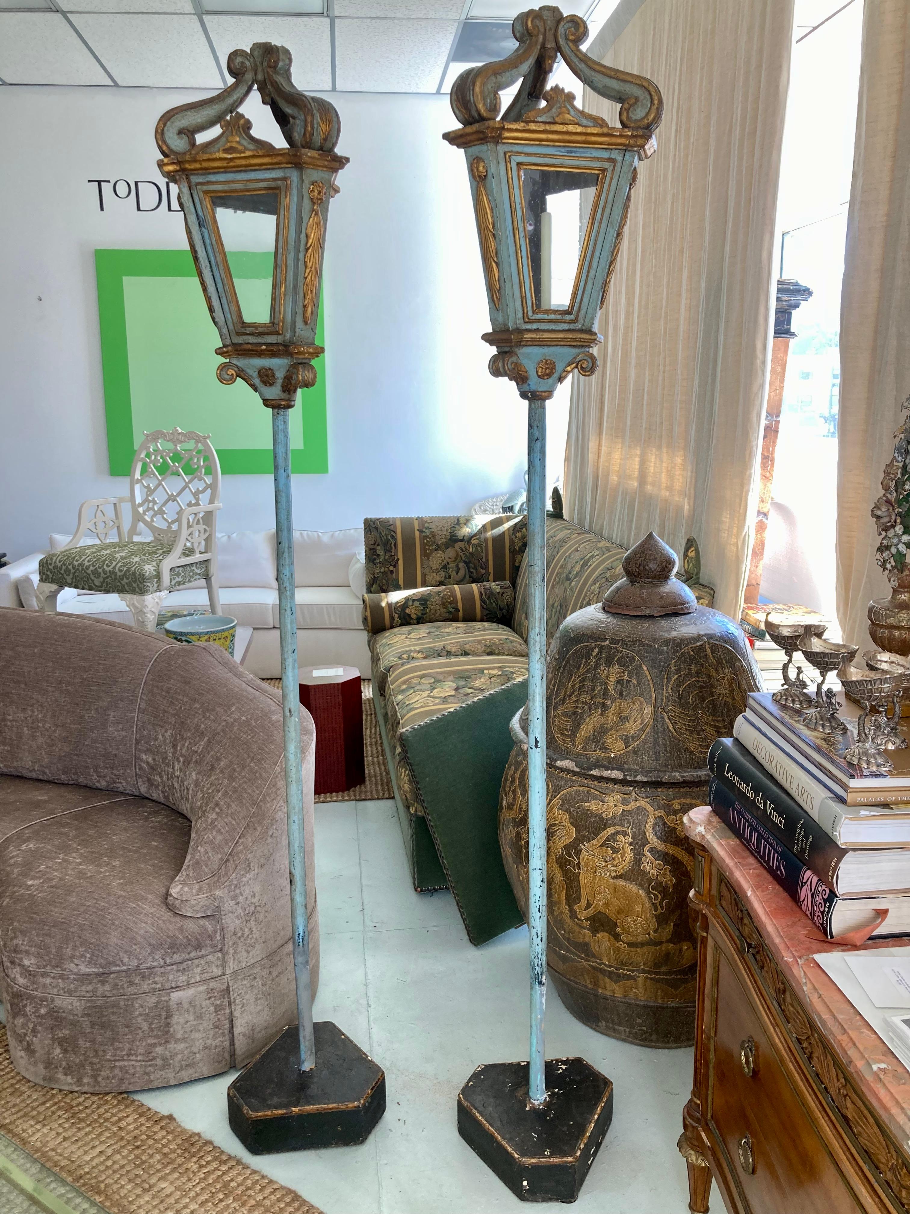 Venetian 18th Century Palace Floor Lanterns in Original Paint Finish, a Pair For Sale at 1stDibs