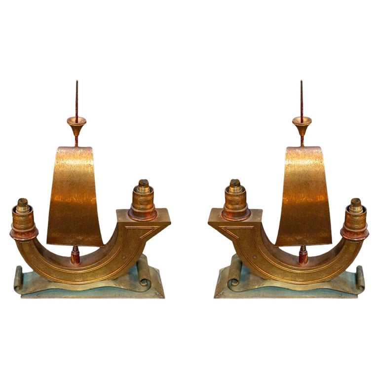 1940's French Bronze Galleon Ship Lamps, Pair For Sale at 1stDibs