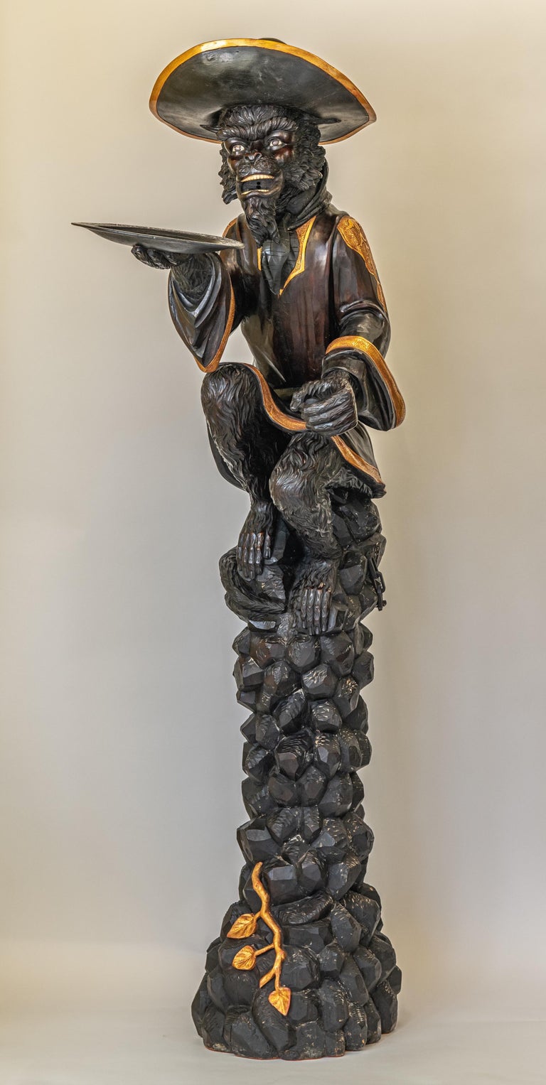 Venetian Monkey Wood Sculpture, On Rocks Carrying a Tray MOP Eyes, 19th ...