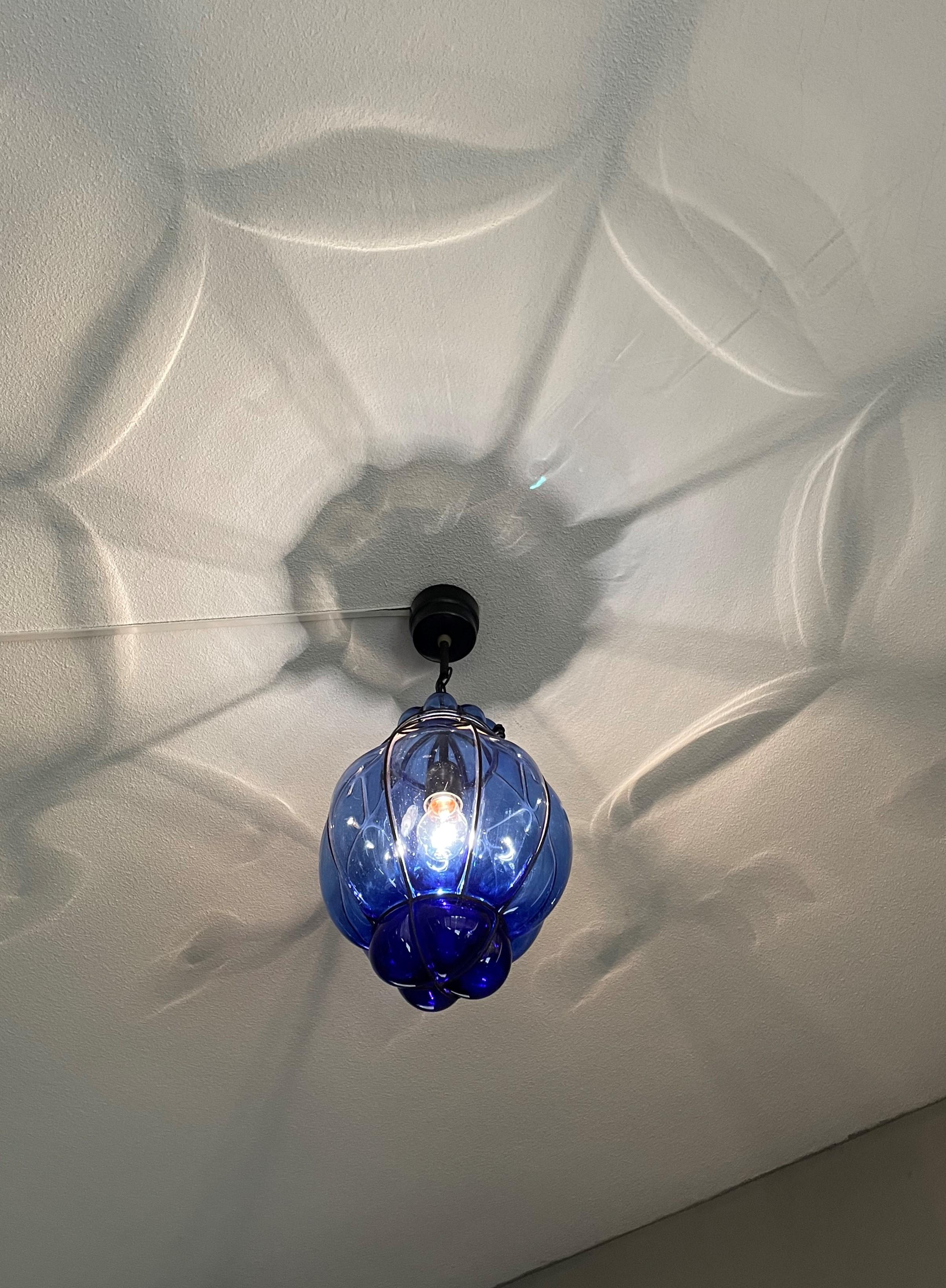 Venetian Murano Pendant Light with Mouth Blown, Rare Saffire Blue Glass ...