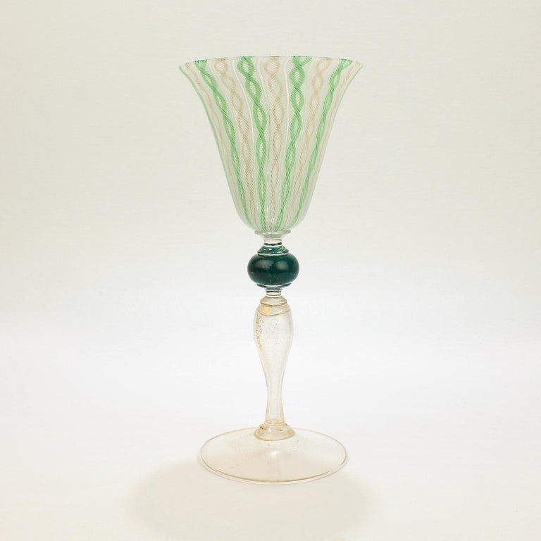Venetian or Murano Glass Green, White, and Gold Latticinio Swirl Wine ...