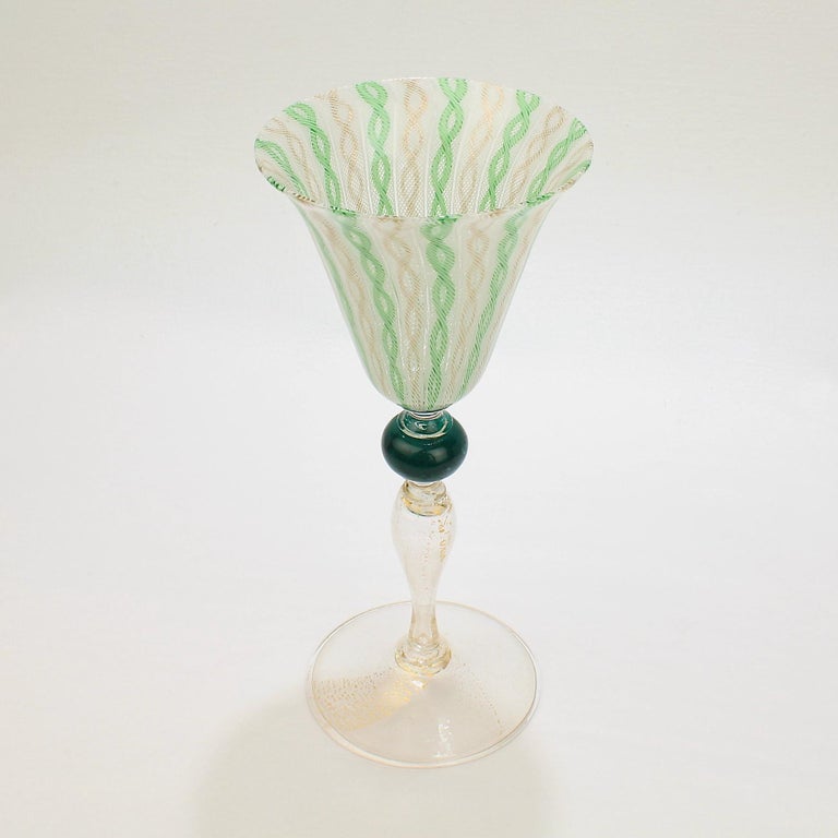 Venetian or Murano Glass Green, White, and Gold Latticinio Swirl Wine ...