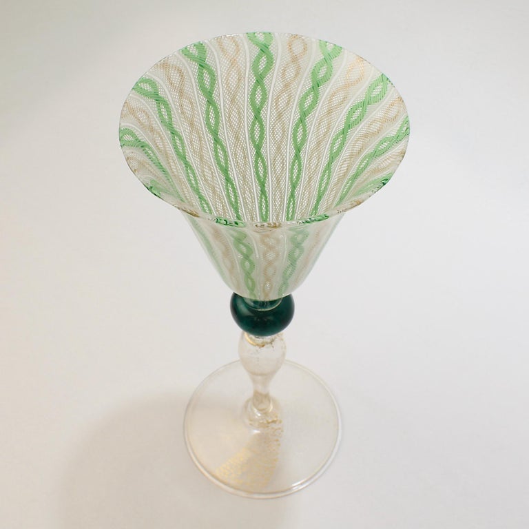 Venetian or Murano Glass Green, White, and Gold Latticinio Swirl Wine ...