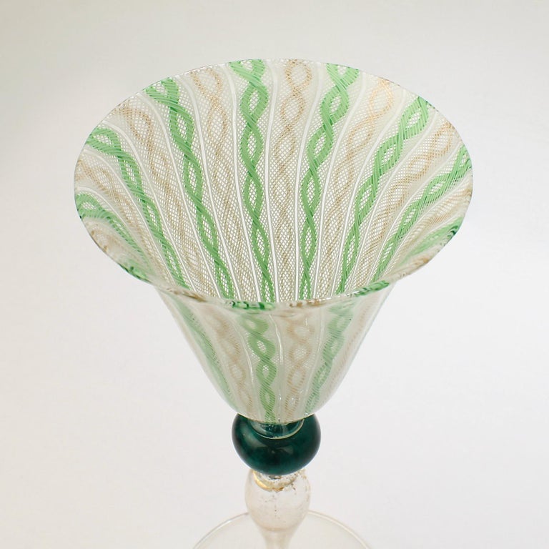 Venetian or Murano Glass Green, White, and Gold Latticinio Swirl Wine ...