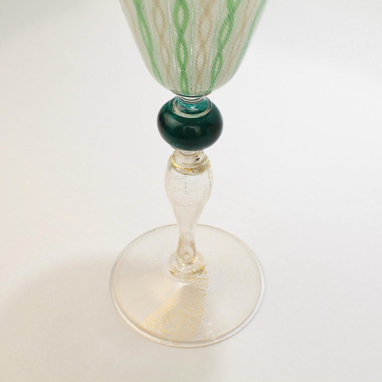 Venetian or Murano Glass Green, White, and Gold Latticinio Swirl Wine ...