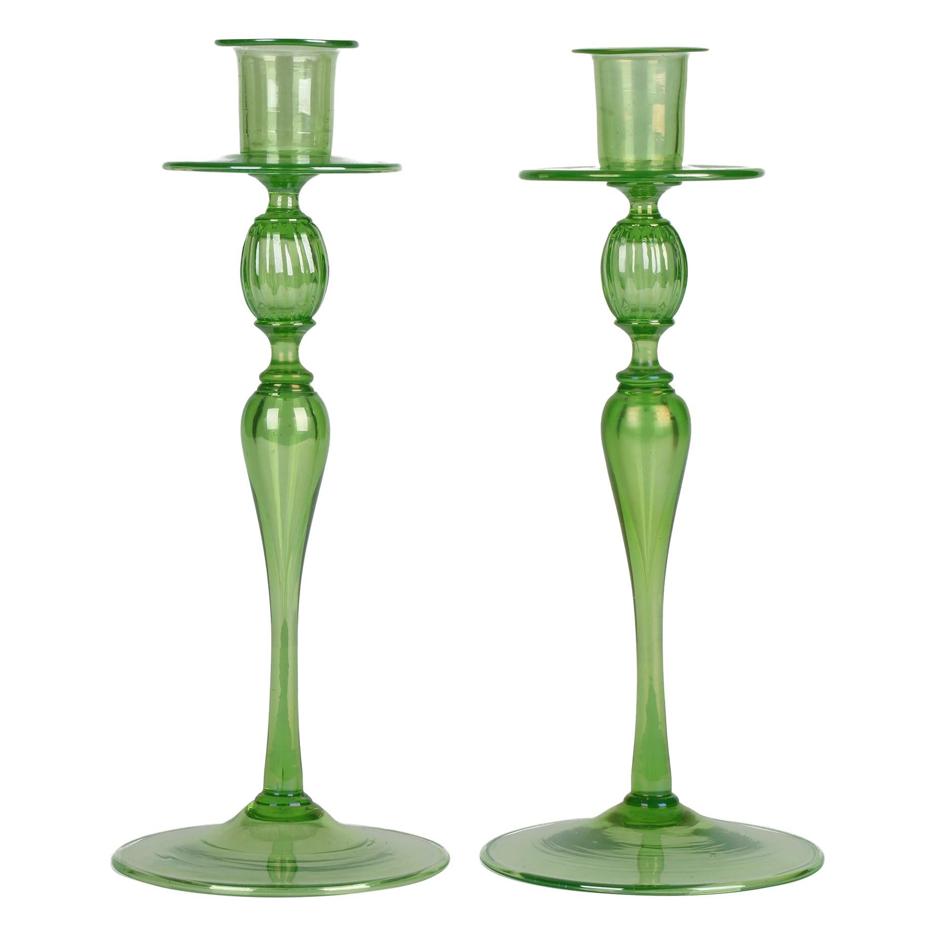 Venetian Revival Pair of Green Iridescent Glass Candlesticks at 1stDibs ...