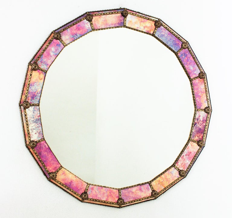 Venetian Style Round Mirror, Pink Purple Iridiscent Glasses and Brass ...