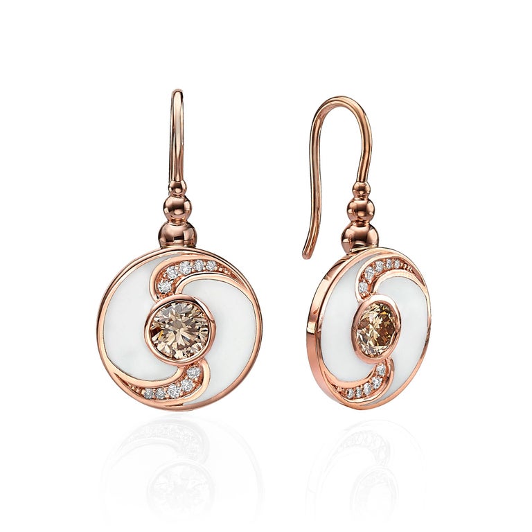 Venice Collection: Round Shaped White Enamel Diamond Earrings in 18k ...