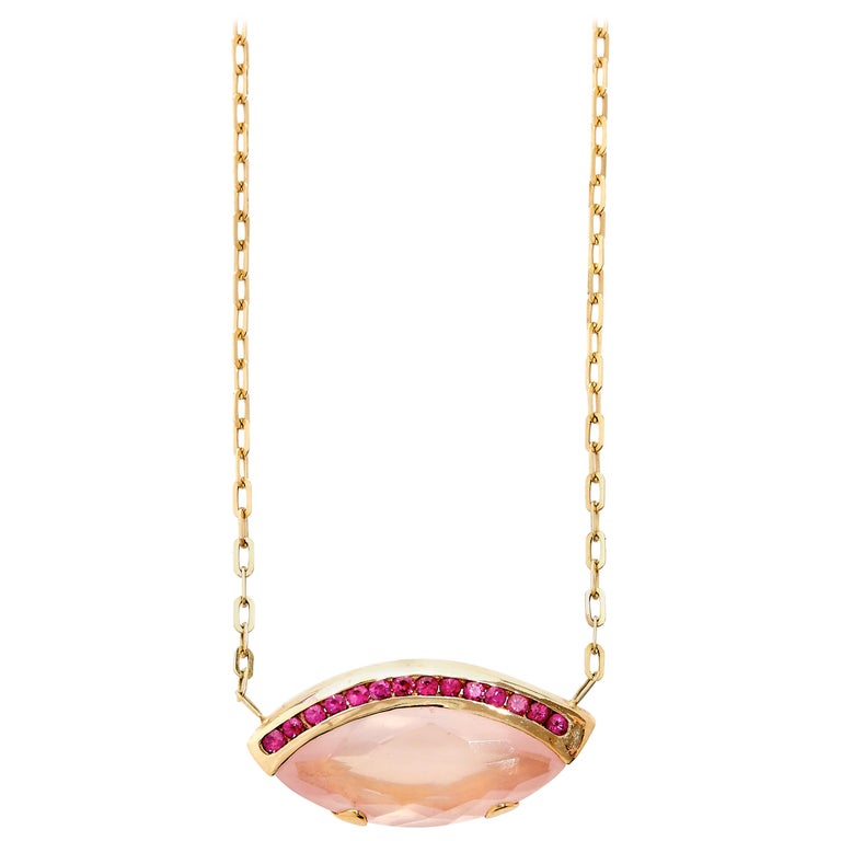 Venice, Rose Quartz and Ruby, yellow gold, neckless, marquise For Sale ...