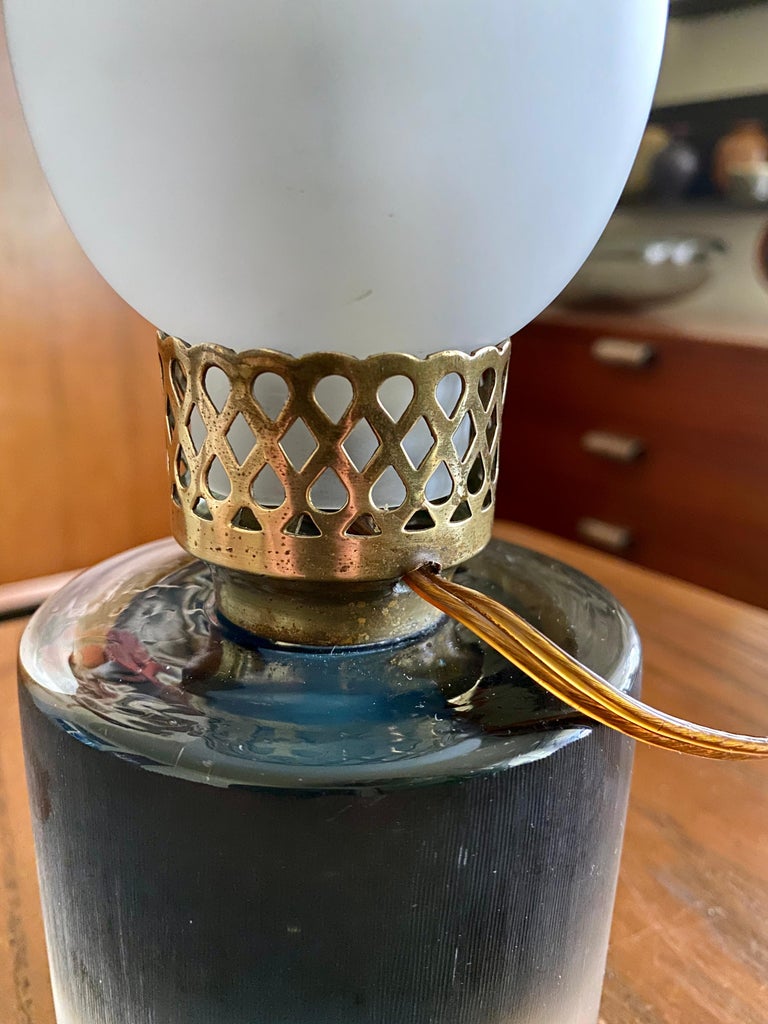 Venini 12" Sommerso Inciso Blue / Amber Lamp, Three Line Acid Etched ...