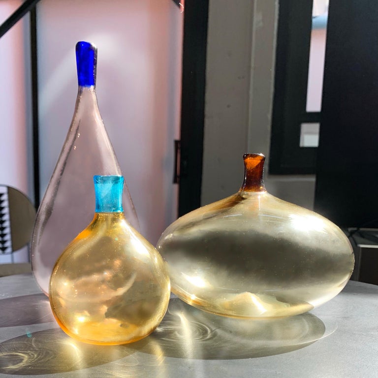 Venini Murano Glass Bottles, Incalmo Two-Toned Neck Vases, Set of Three ...