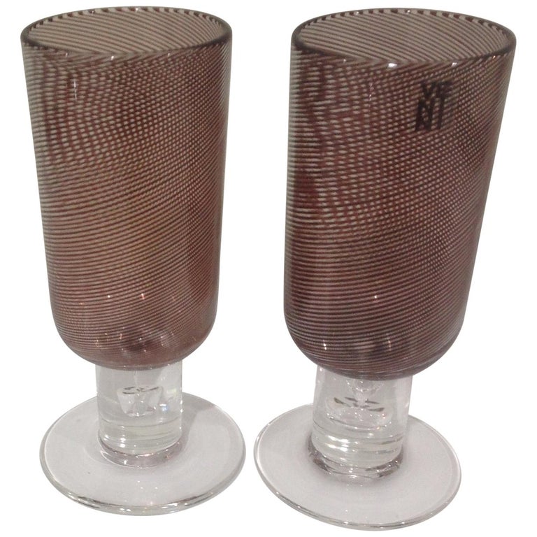Venini Tapio Wirkkala Murano Signed Pair of Mezza Filligrana Art Glass ...