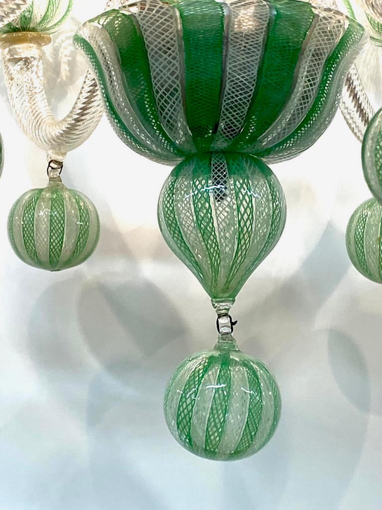 Venini Venetian 1950s Clear, Green and White Reticello 6 Arm Chandelier ...