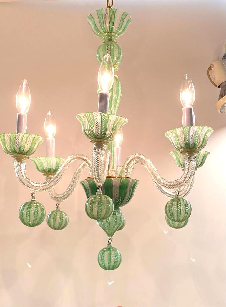 Venini Venetian 1950s Clear, Green and White Reticello 6 Arm Chandelier ...
