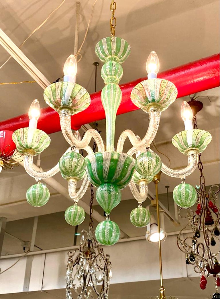 Venini Venetian 1950s Clear, Green and White Reticello 6 Arm Chandelier ...