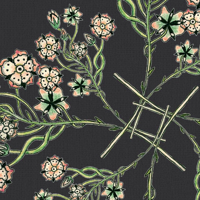 Venus Flower Wallpaper Geometric Botanical in Slate For Sale at 1stDibs